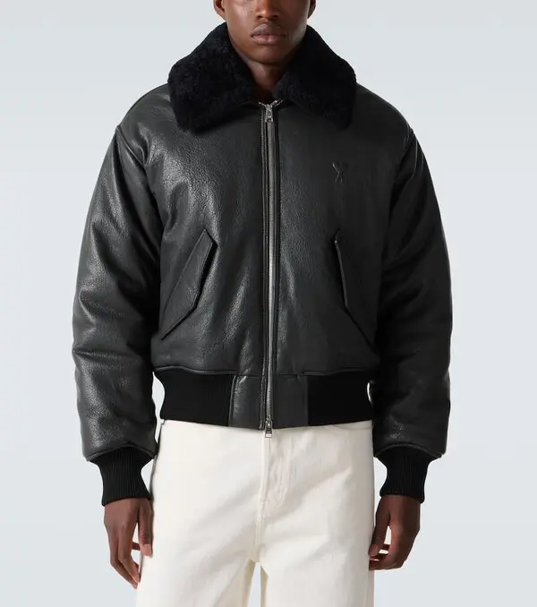 AMI Paris Shearling-trimmed Leather Bomber Jacket - Black