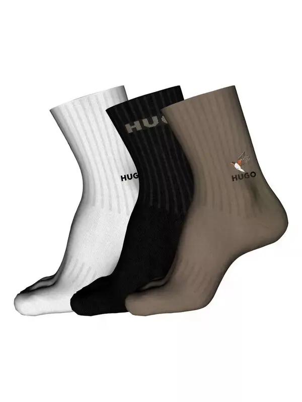 Hugo Bird-embroidered Ribbed Socks Set Of Three - Black