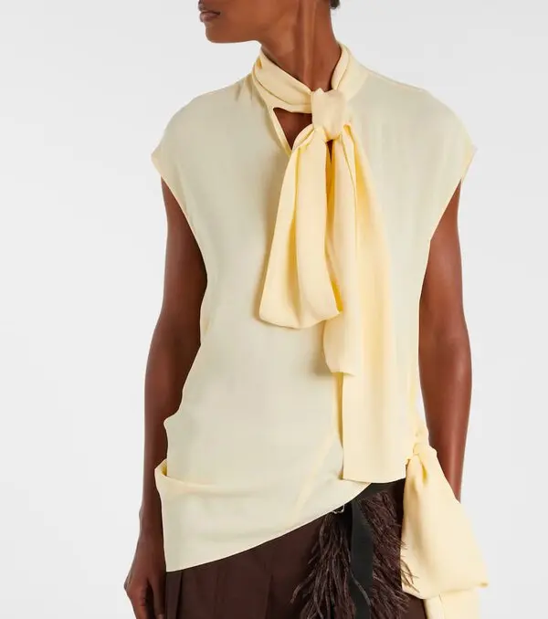 Plan C Asymmetric Tie-neck Blouse - Yellow