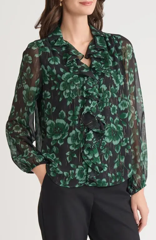 KASPER Floral Metallic Ruffle Chiffon Top