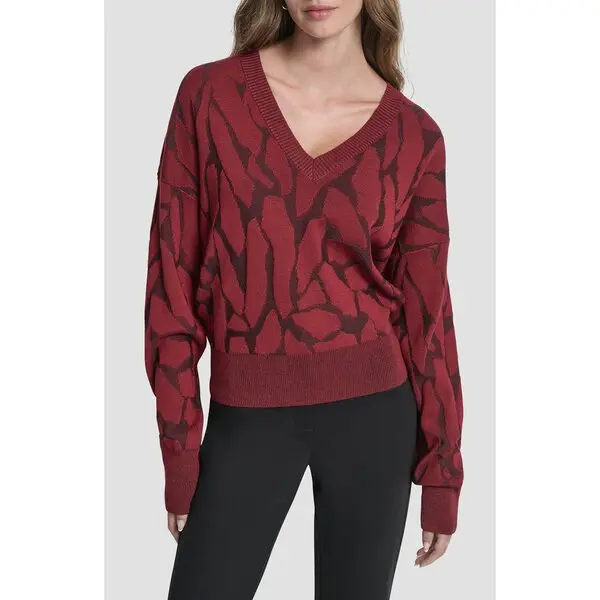 Dkny Jacquard V-neck Sweater - Merlot