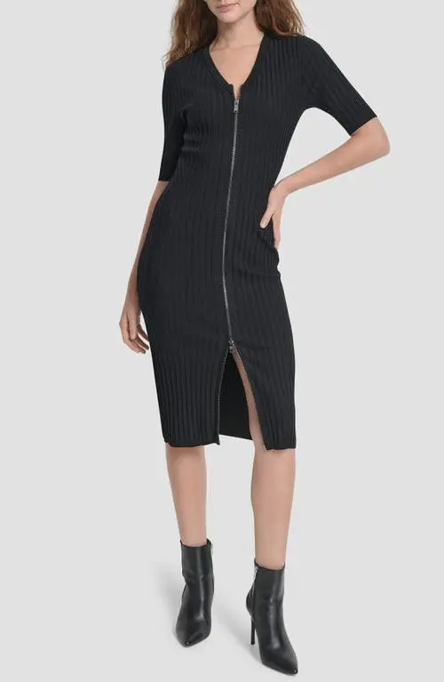 Dkny Ribbed Front Zip Sweater Dress - Black