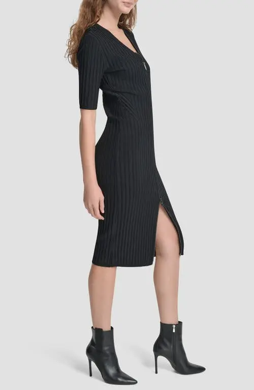 Dkny Ribbed Front Zip Sweater Dress - Black