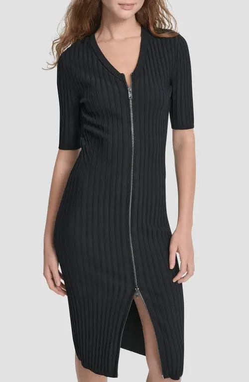 Dkny Ribbed Front Zip Sweater Dress - Black