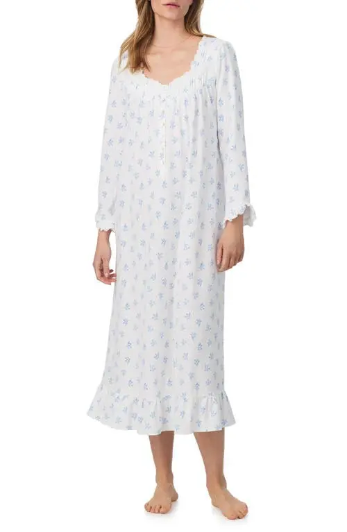 Eileen West Long Sleeve Stretch Cotton Pointelle Ballet Nightgown - White/ditsy Floral