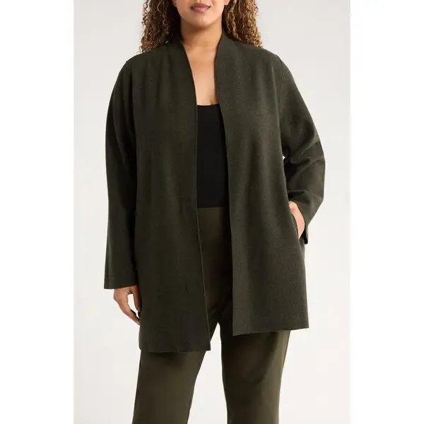 Eileen Fisher High Collar Open Front Boiled Wool Jacket