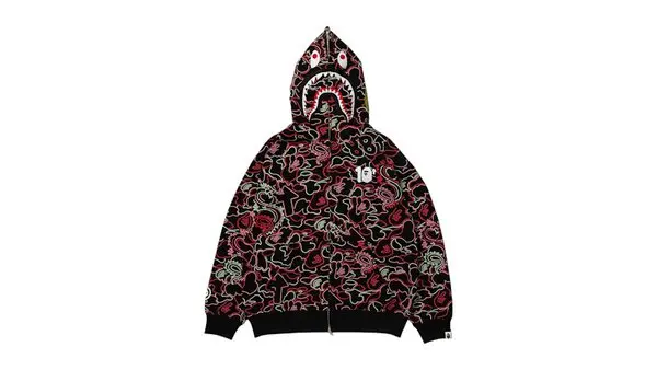 A BATHING APE X 88rising Glow In The Dark Camo Shark Full Zip Hoodie - Red