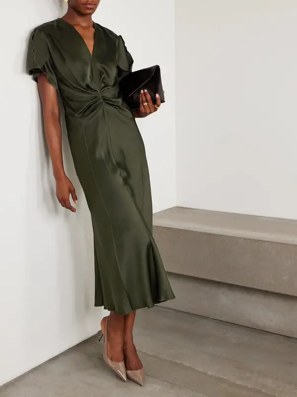 Victoria Beckham Bella Gathered Satin Midi Dress In Green - 40% Off |  Editorialist