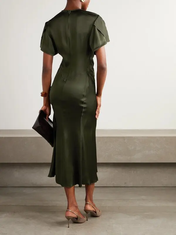 green check summer dress Bella Green Round Neck Ruched Midi Dress – Get That Trend