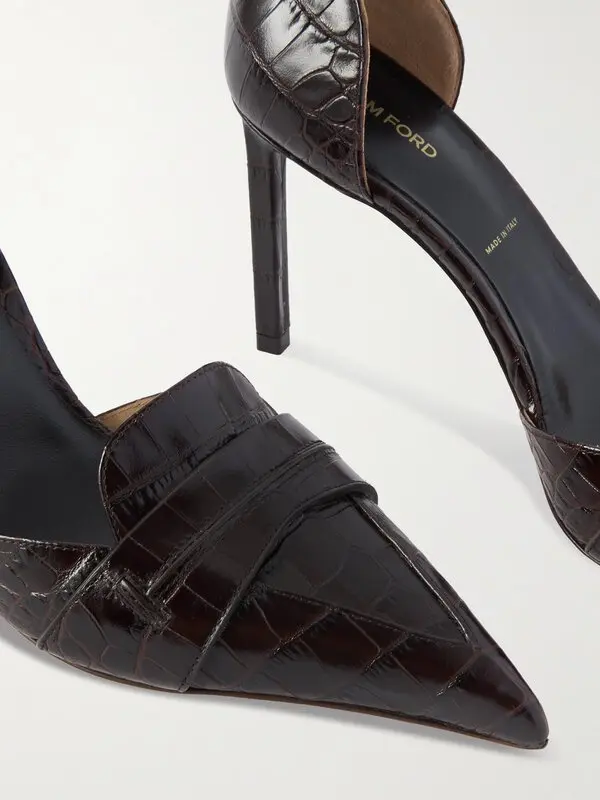 TOM FORD Eva D'orsay Glossed Croc-effect Leather Pumps - Brown