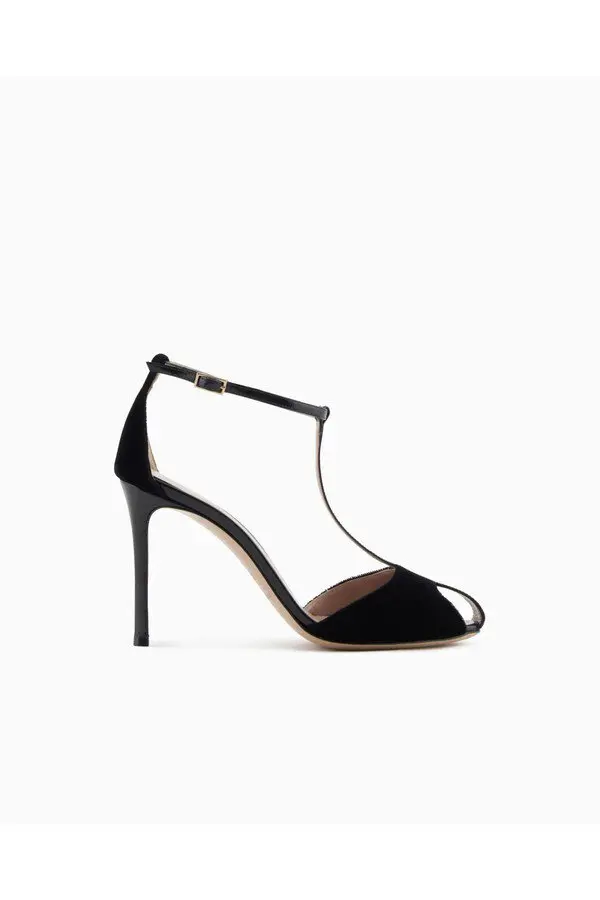 Emporio Armani Velvet And Patent-leather T-bar Heeled Sandals - Black