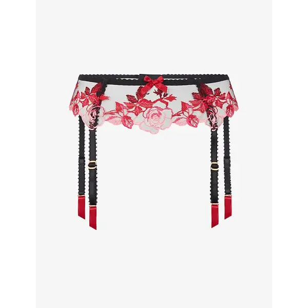 Agent Provocateur Callypso Floral-embroidered Mesh Suspender Belt - Black/multi