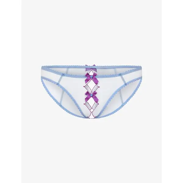 Agent Provocateur Lorna Bow-embellished Mesh Ouvert Briefs - Blue/amethyst