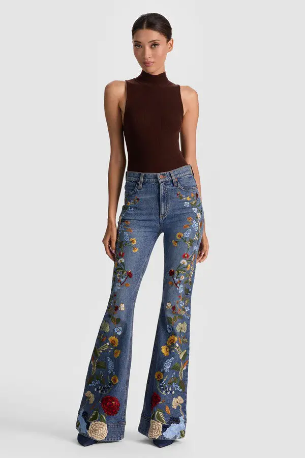 Alice + Olivia Embroidered Bell Bottom Jean