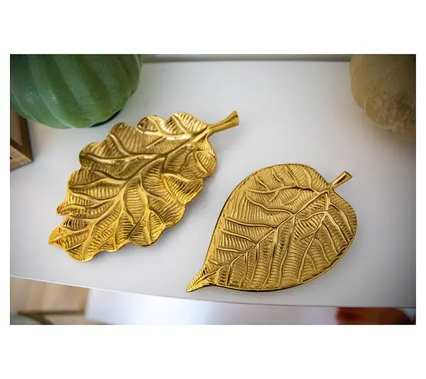 LAUREN MCBRIDE Set Of 2 Gold Metal Leaf Trays By - One-color