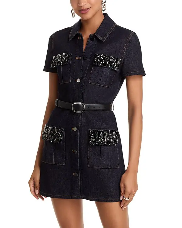 SELF-PORTRAIT Indigo Denim Crystal Trim Mini Dress
