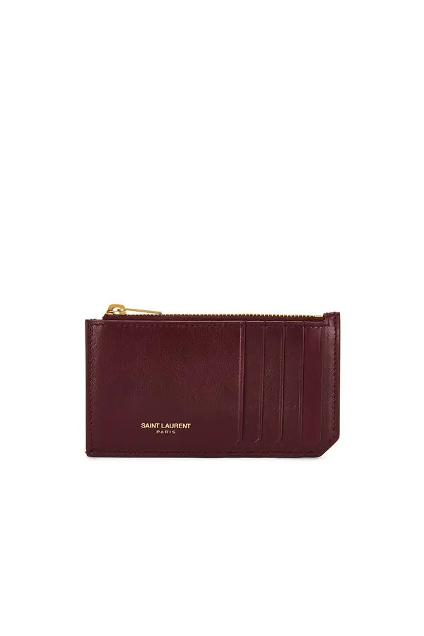 Saint Laurent Zipped Fragments Credit Card Case In Burgundy - Dark Ruby
