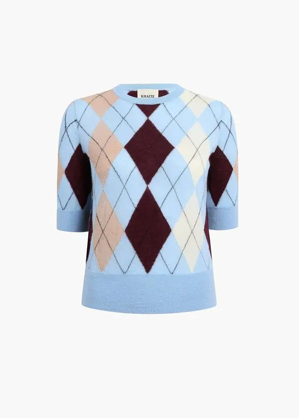 Khaite Anders Argyle Knit Top - Light Blue Multi