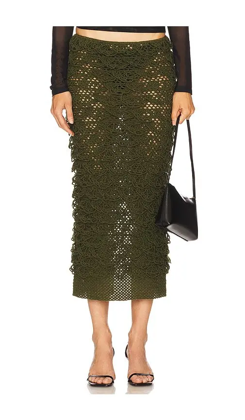 NASTYAMASHA Crochet Floral Midi Skirt - Khaki