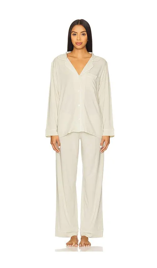 Eberjey Gisele Long Pj Set In Sage - Mint Cream & Ivory