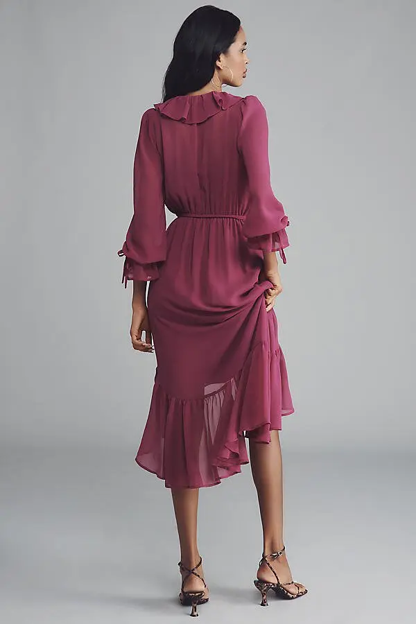 Anthropologie Long-Sleeve Ruffled Asymmetric Midi Dress In Purple - 82% Off  | Editorialist