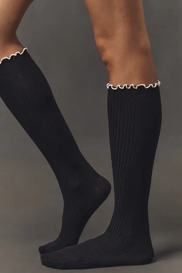 Anthropologie Ribbed Ruffle Knee-high Socks - Black & White Pattern