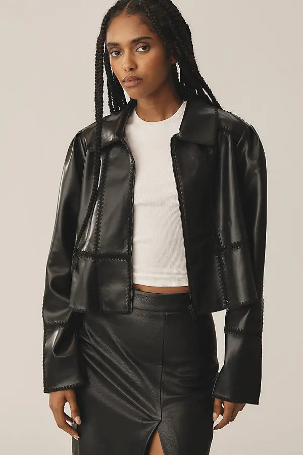 Anthropologie Freya Faux Leather Whip-stitch Swing Jacket - Black