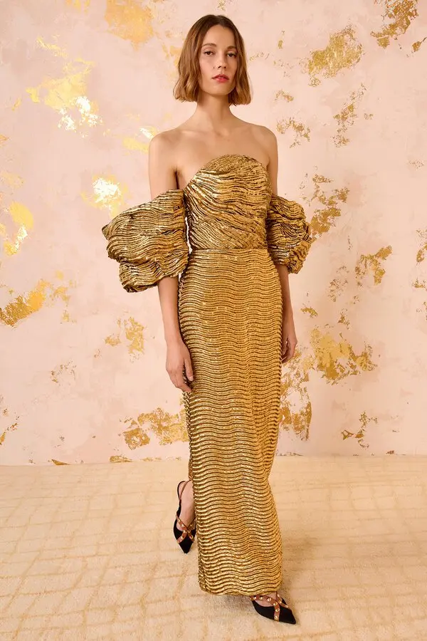 Ulla Johnson Nisha Metallic Draped Sleeve Gown - Oro
