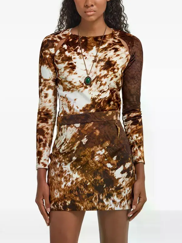 Roberto Cavalli Printed Cut-out Long-sleeve Top
