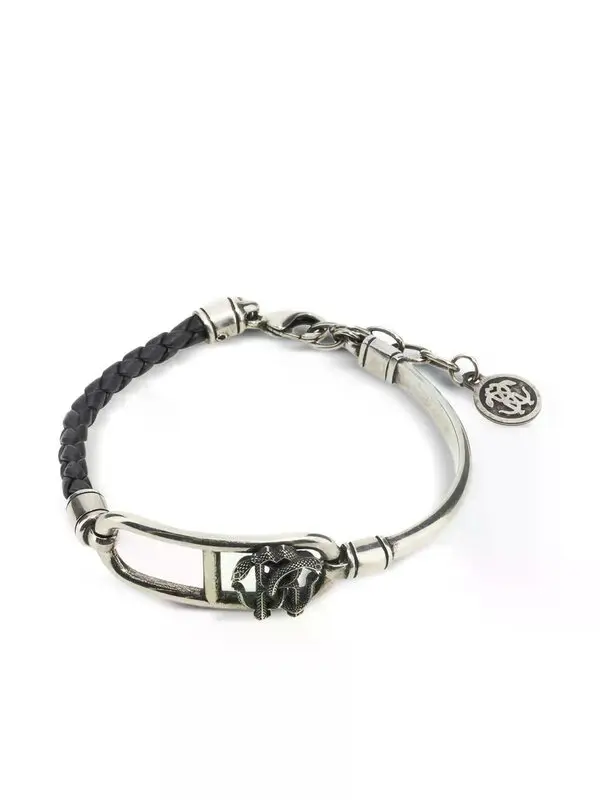 Roberto Cavalli Leather Braided Bracelet With Rc Monogram - Silver