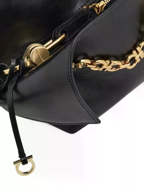 FERRAGAMO Gancini Chain Folded Shoulder Bag - Black