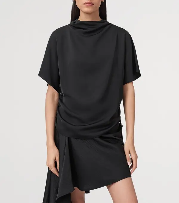 ALLSAINTS Draped Leslie Top With High Neck And Adjustable Side Ties - Black