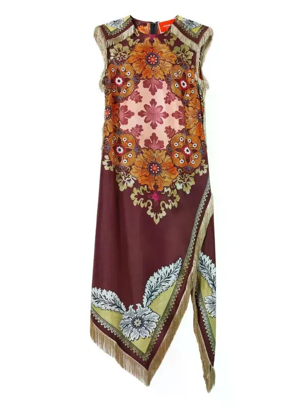 La DoubleJ Floral-print Fringe Asymmetric Dress - Brown