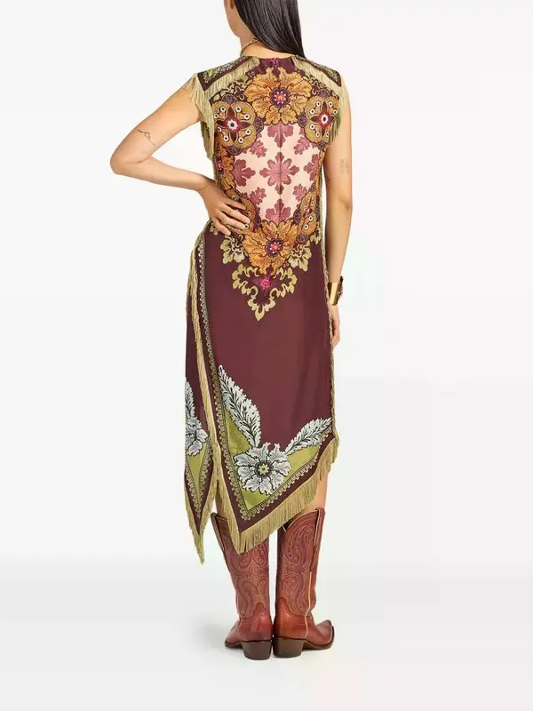 La DoubleJ Floral-print Fringe Asymmetric Dress - Brown