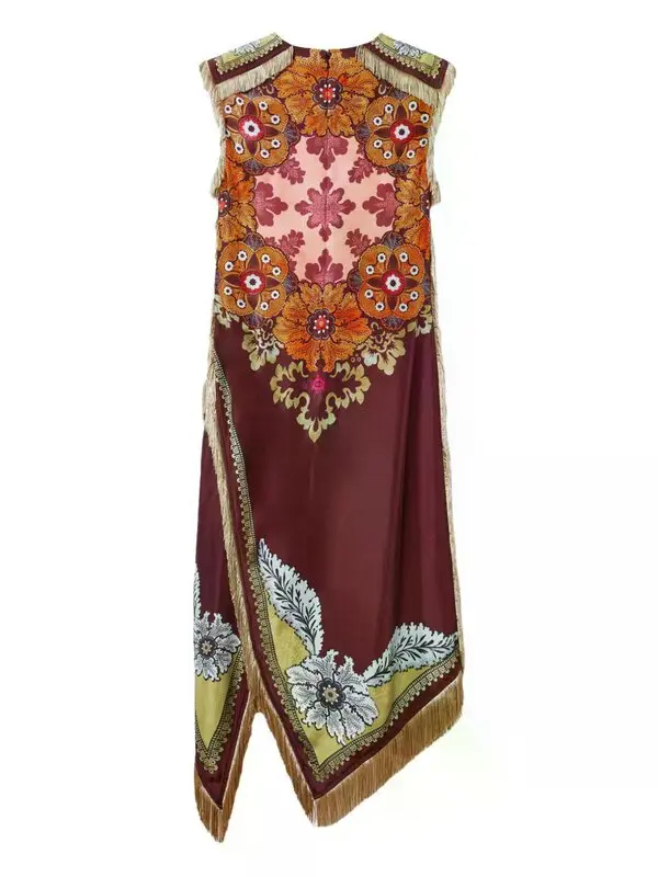 La DoubleJ Floral-print Fringe Asymmetric Dress - Brown