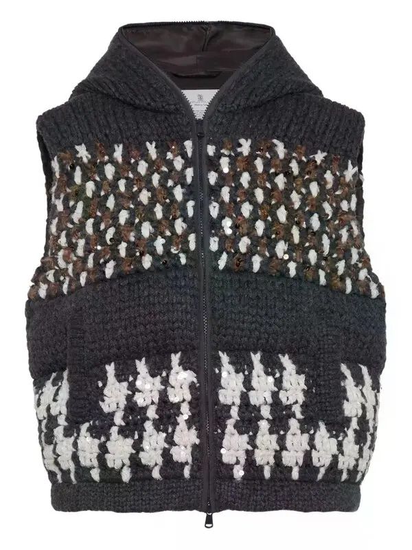 Brunello Cucinelli Sequin-embellished Houndstooth Hooded Vest