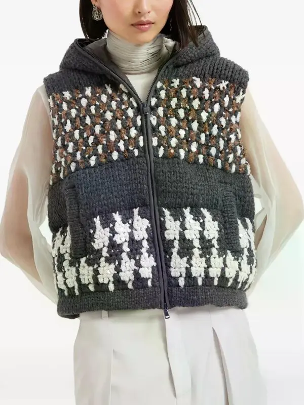 Brunello Cucinelli Sequin-embellished Houndstooth Hooded Vest
