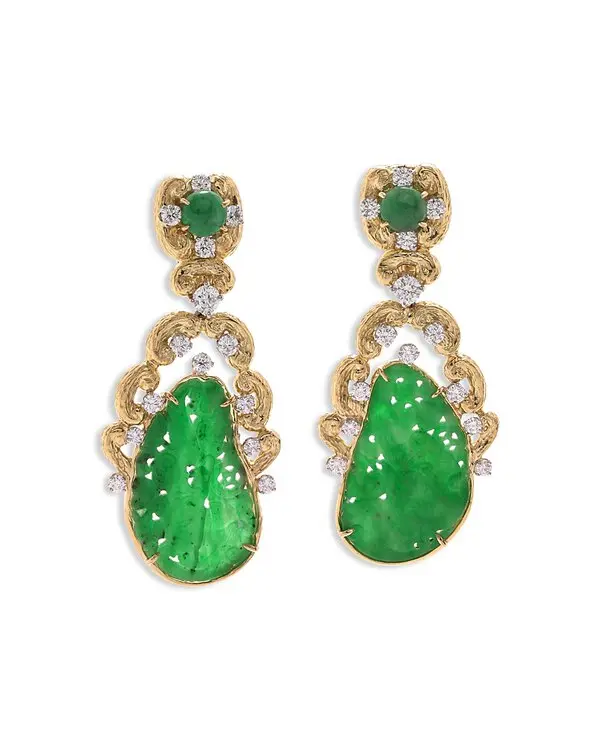 David Webb Diamond And Jade Scroll Earrings - Gold/green
