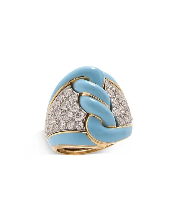 David Webb 18k Yellow Gold And Platinum Diamond And Enamel Ring - Blue/gold