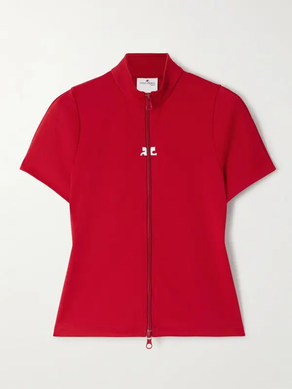 COURREGES Embroidered Jersey Zip-up T-shirt