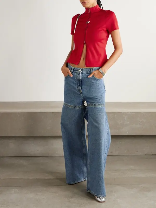 COURREGES Embroidered Jersey Zip-up T-shirt