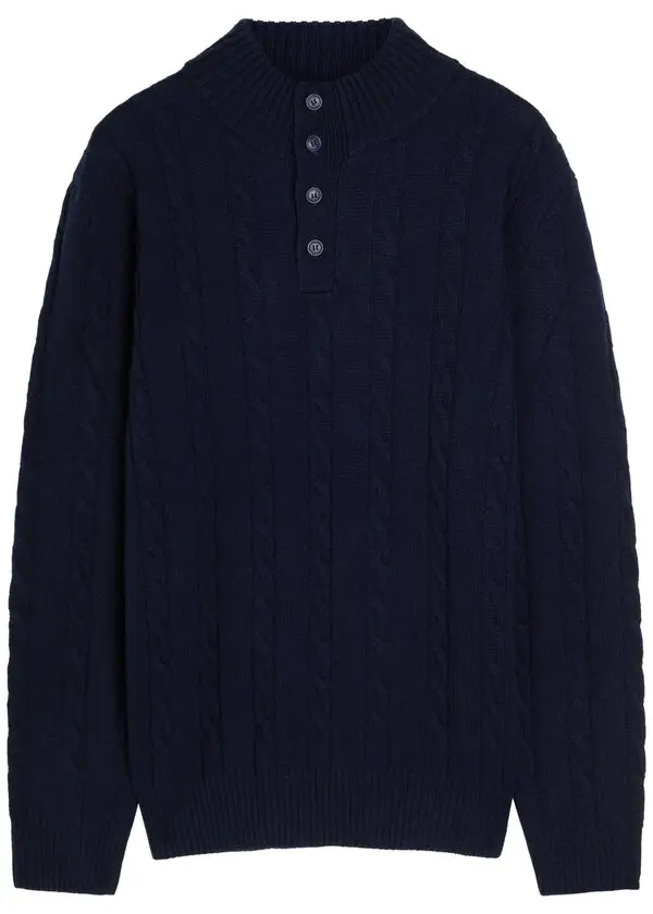 AURELIEN Cable-knit Wool And Cashmere-blend Polo Jumper - Navy