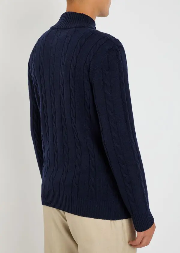 AURELIEN Cable-knit Wool And Cashmere-blend Polo Jumper - Navy