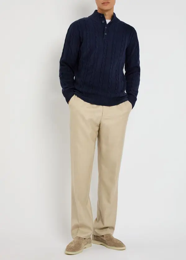 AURELIEN Cable-knit Wool And Cashmere-blend Polo Jumper - Navy