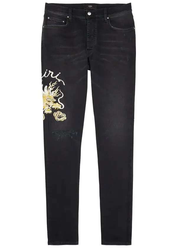 Amiri Dragon Repair Embroidered Slim-leg Jeans - Black