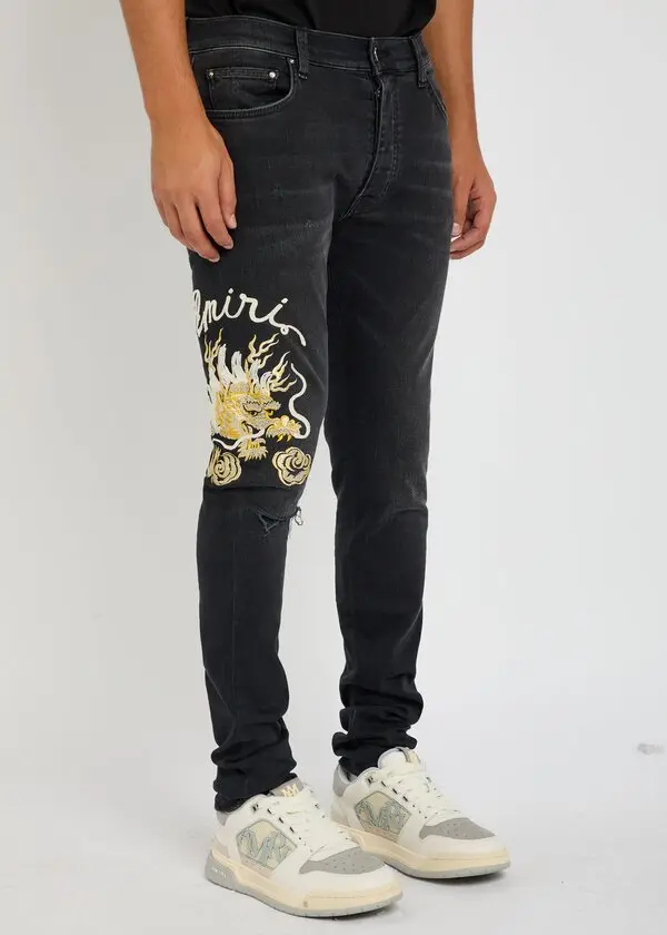 Amiri Dragon Repair Embroidered Slim-leg Jeans