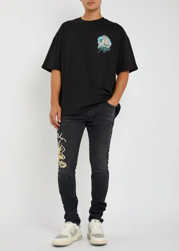 Amiri Dragon Repair Embroidered Slim-leg Jeans