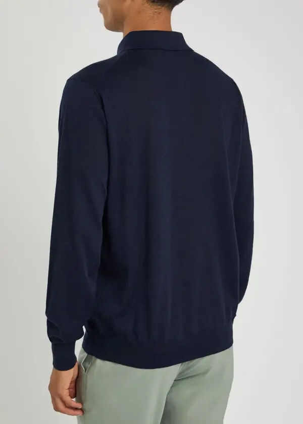 LARDINI Fine-knit Wool-blend Polo Shirt - Navy