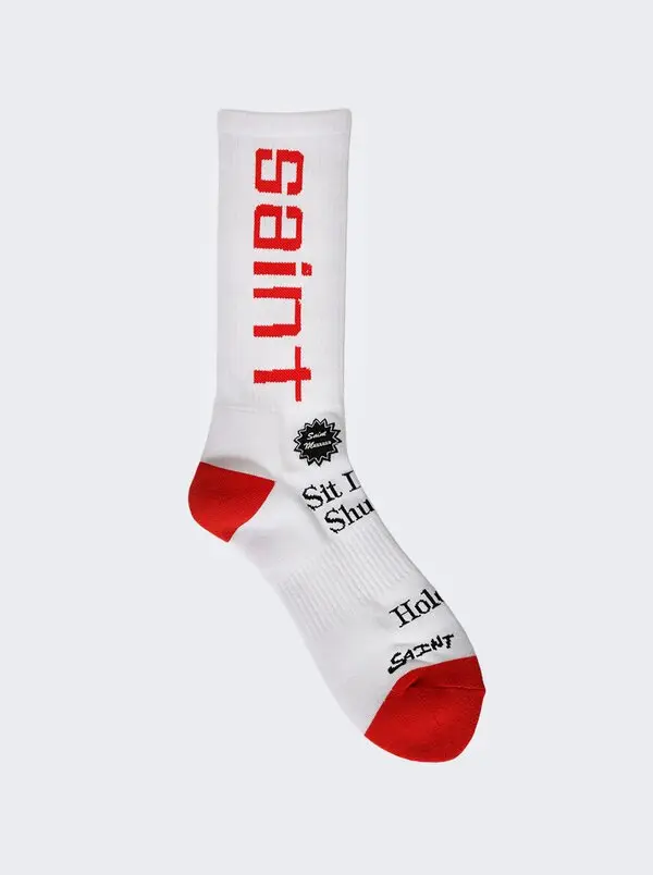 SAINT MXXXXXX Vertical Branding Crew Socks - White