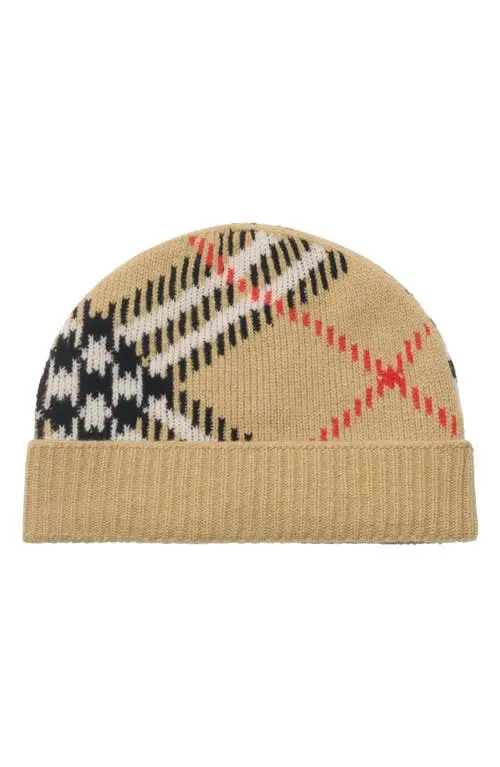 Burberry Jacquard Check Cashmere Blend Beanie - Sand